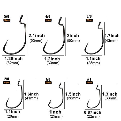 UCEC Fishing Hooks, 100pcs/box Offset Wide Gap 2X Strong Worm Hooks Senko Bait Jig Fish Hooks for Bass Trout Saltwater Freshwater Size:#1 1/0 2/0 3/0 4/0 5/0