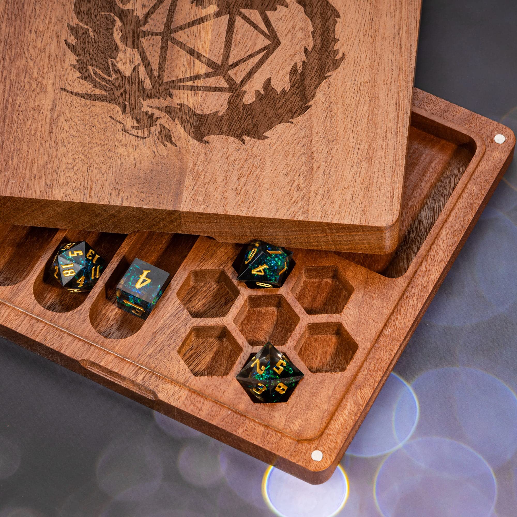 UDIXI 2 in 1 DND Dice Tray, Wooden Dice Box with Magnetic Lid & D&D Dice Holder Case, Dice Tray Combined into One for DND, D&D, RPG, Tabletop Games | Holds 6 Sets of Polyhedral Dice(Sapele Wood)