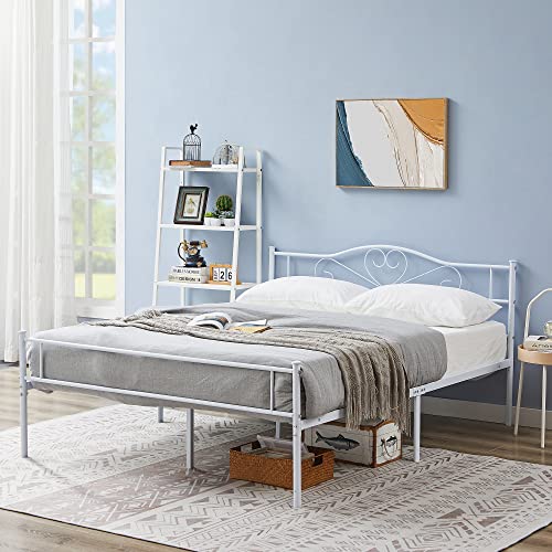 VECELO 14 Inch Queen Size Metal Platform Bed Frame with Headboard and Footboard, Heavy Duty Mattress Foundation with Steel Slats Support, No Box Spring Needed, White