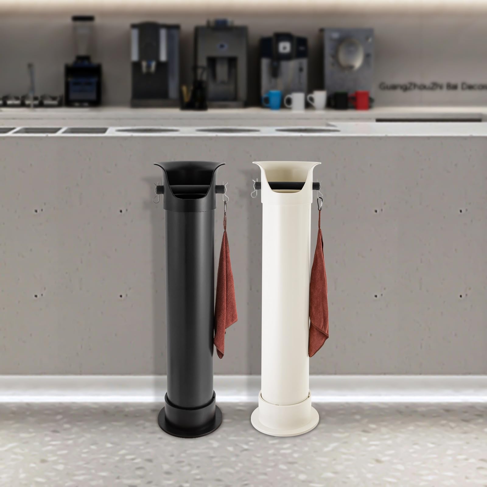 Knock Box for Espresso Grounds,Commercial Floor Standing Barista Style Absorbent Knockbox with Removable Non-Slip Base,Coffee Grind Collection Dump Bin, Black