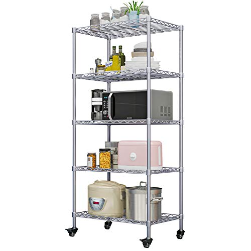 SUOERNUO 5-Shelf Shelving Storage Unit on Wheel Casters Metal Organizer Wire Rack for Home Office Kitchen Bathroom Organization 30Lx14Wx62.5H (5-Shelf Silver)