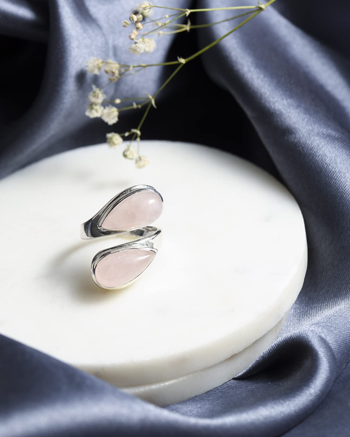 YoTreasure 8x16 MM Rose Quartz Bypass Ring 925 Sterling Silver Jewelry (8)
