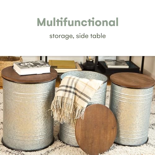 Hallops Farmhouse Accent Side Table | Galvanized Rustic Coffee Table | Metal Storage Ottoman Wood Cover | Farmhouse Decor Storage Box (Set of 3, Silver)