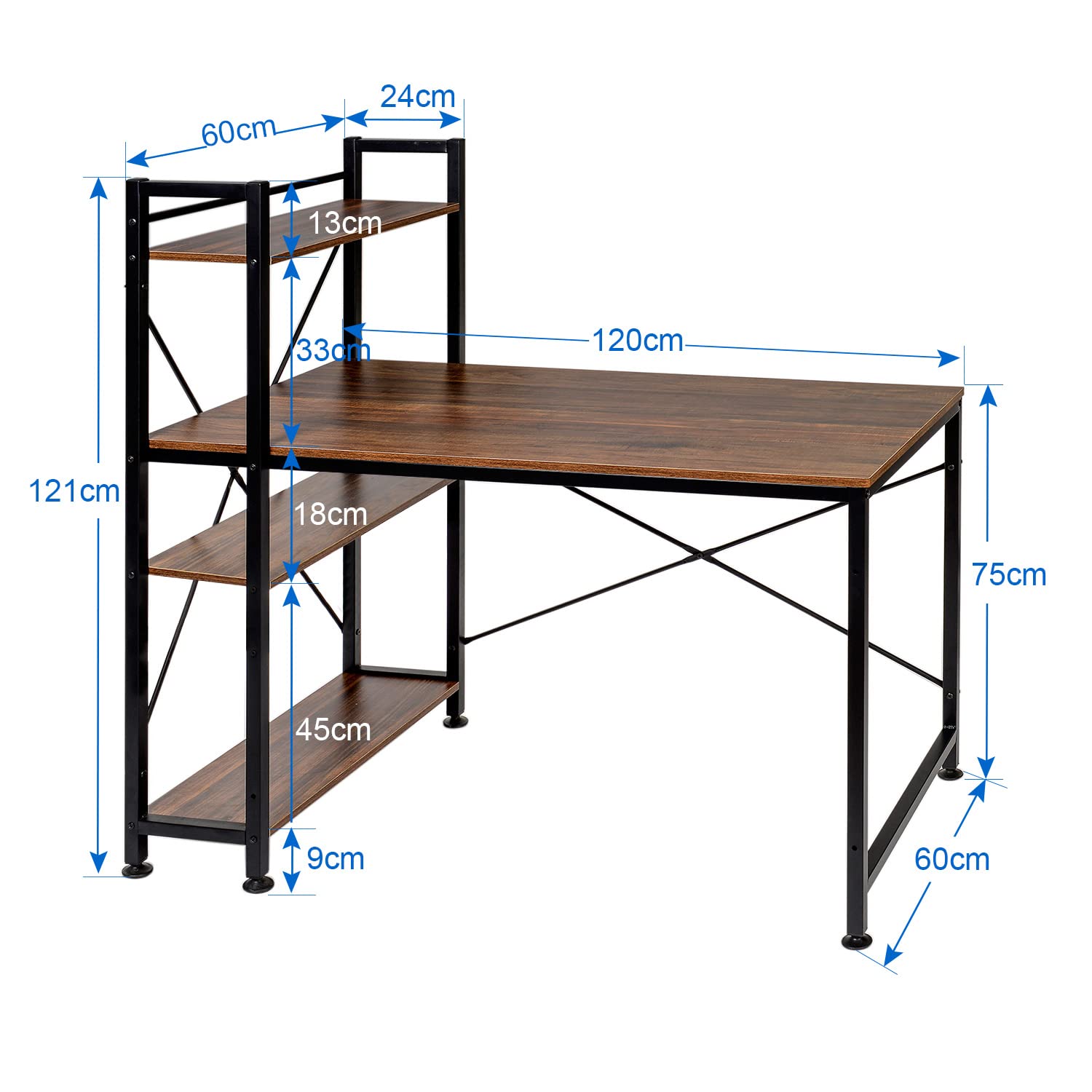 VECELO Computer Desk with Storage Shelves 47 inch Study Writing Gaming Table with 4-Tier Bookshelf Space-Saving Design,Multipurpose Home Office Workstation, Brown