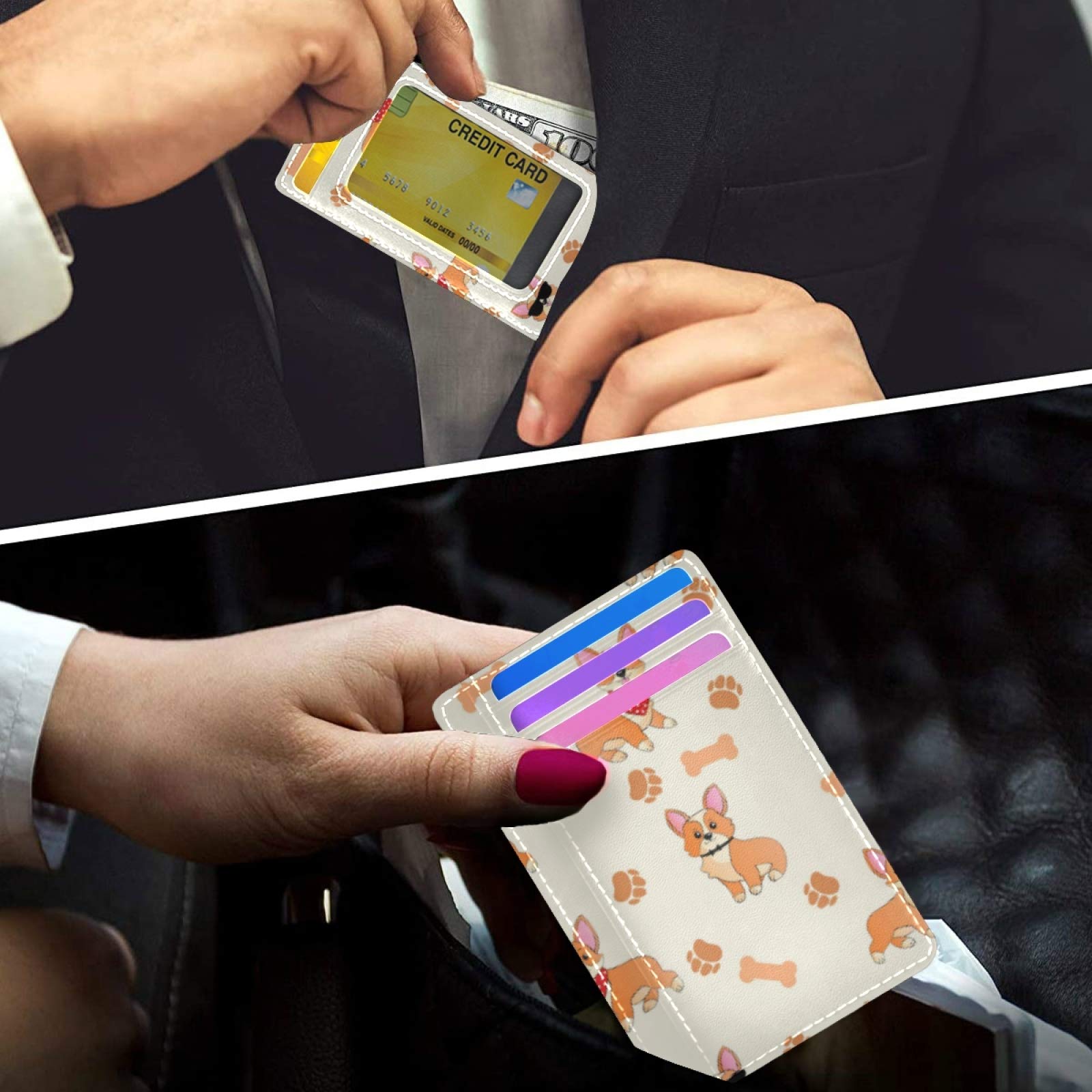 Linomo Thin leather Card Holder and Money Clip Corgi Dog Paws Print Wallet RFID Blocking for Men & Women