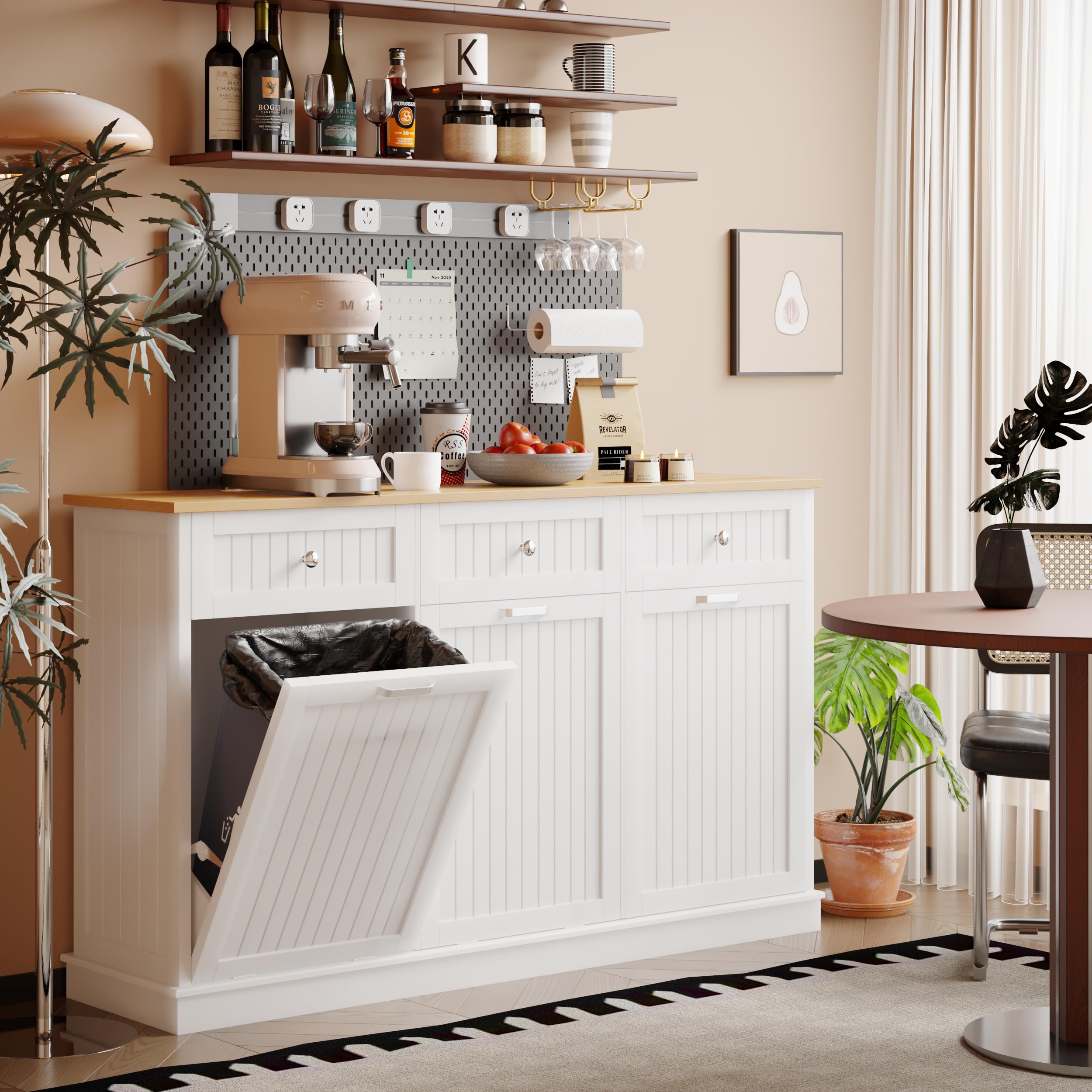 DalyLuxa Tilt Out Trash Can Cabinet, Freestanding Wooden Kitchen Trash Recycling Cabinet with Drawer & Wheels, Dog Proof Trash Can Cabinet, White