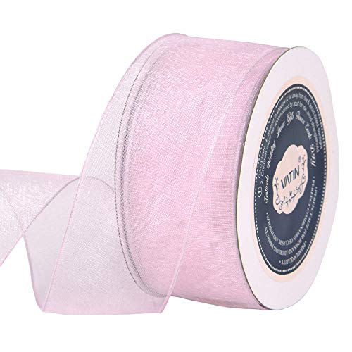 VATIN Christmas Ribbon Sheer Organza Wired Ribbon 1-1/2 inch 25 Yards ( 75Ft ) -Light Pink/Baby Pink ,Perfect for Making Bows and Wreaths