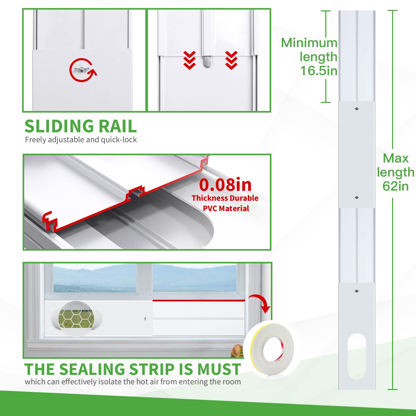 Portable Air Conditioner Window Seal Kit with Coupler for 5-5.1" Exhaust Hose, AC Window Kit with Vent Screen for Sliding Window, Adjustable 17"- 62" Sealing Panels, NOT Applicable for 5.9" Hose
