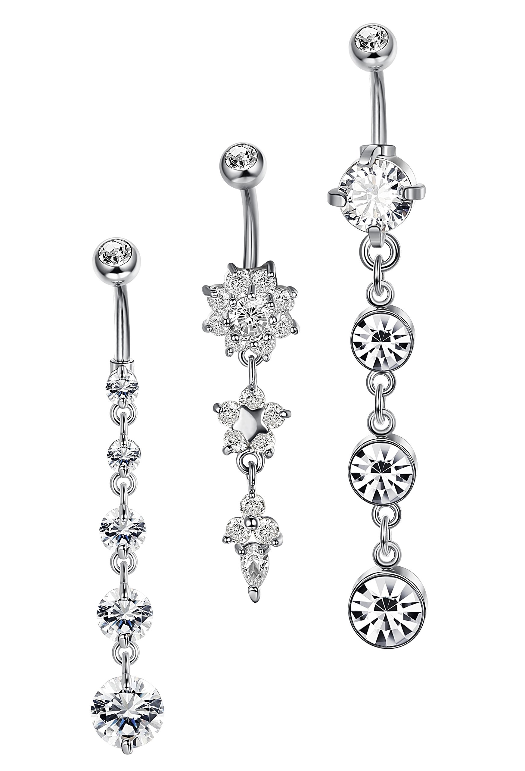 JOERICA 3Pcs 14G 316L Stainless Steel Belly Button Rings for Women Flower CZ Dangle Belly Button Rings Navel Piercing Jewelry