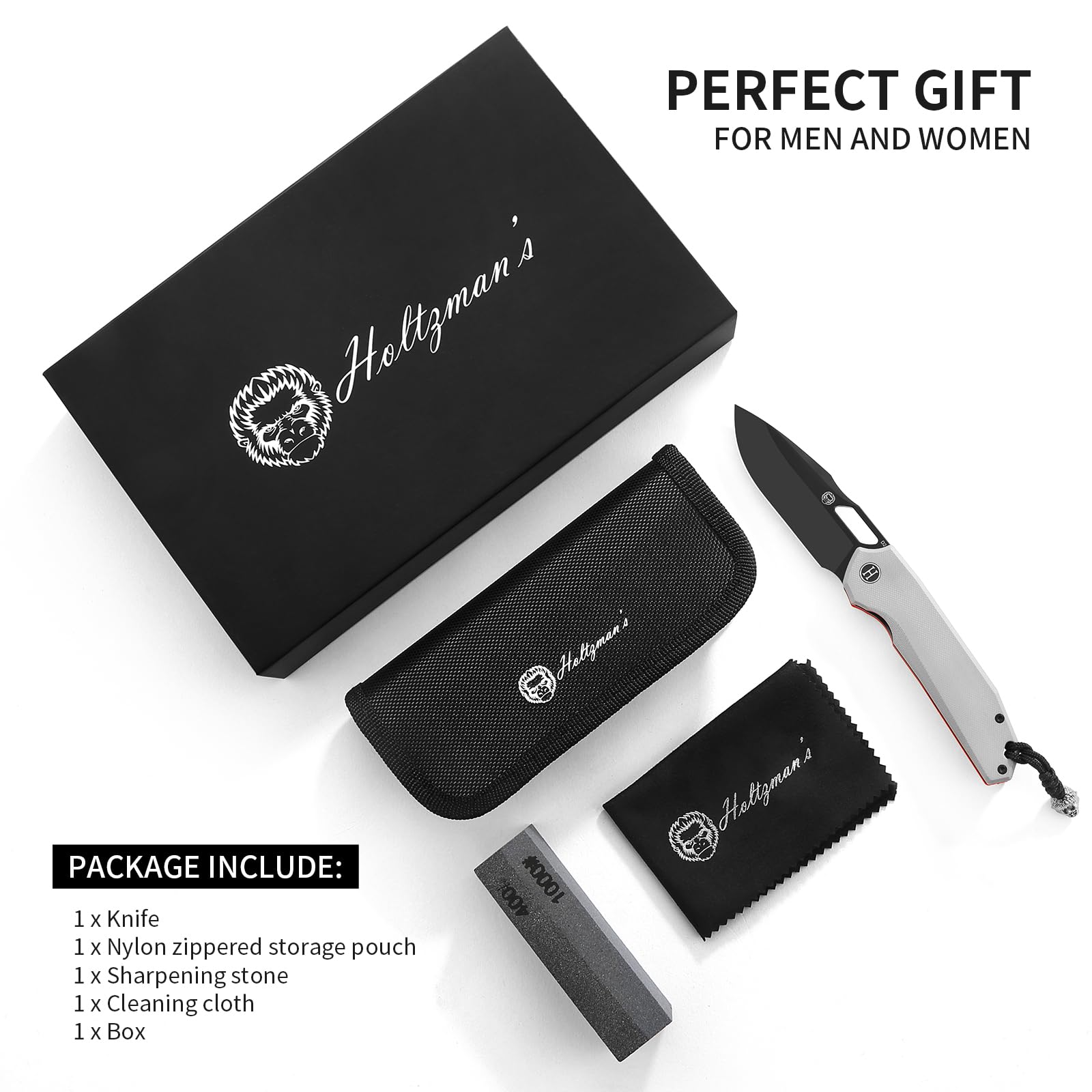 Holtzman's Gorilla Survival Mens Folding Pocket Knife Set D2 Steel Blade G10 Handle Pocket Knife EDC Gift set for Men (black blade+dark grey/ed liner G10 handle)