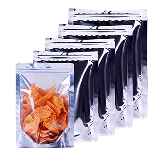 Resealable Mylar Bags Stand Up Food Storage Aluminum Foil Bags 50 Pack Reusable Pouches 5 Different Sizes for Beans Coffee Cookie Snack Food Dried Flowers Tea