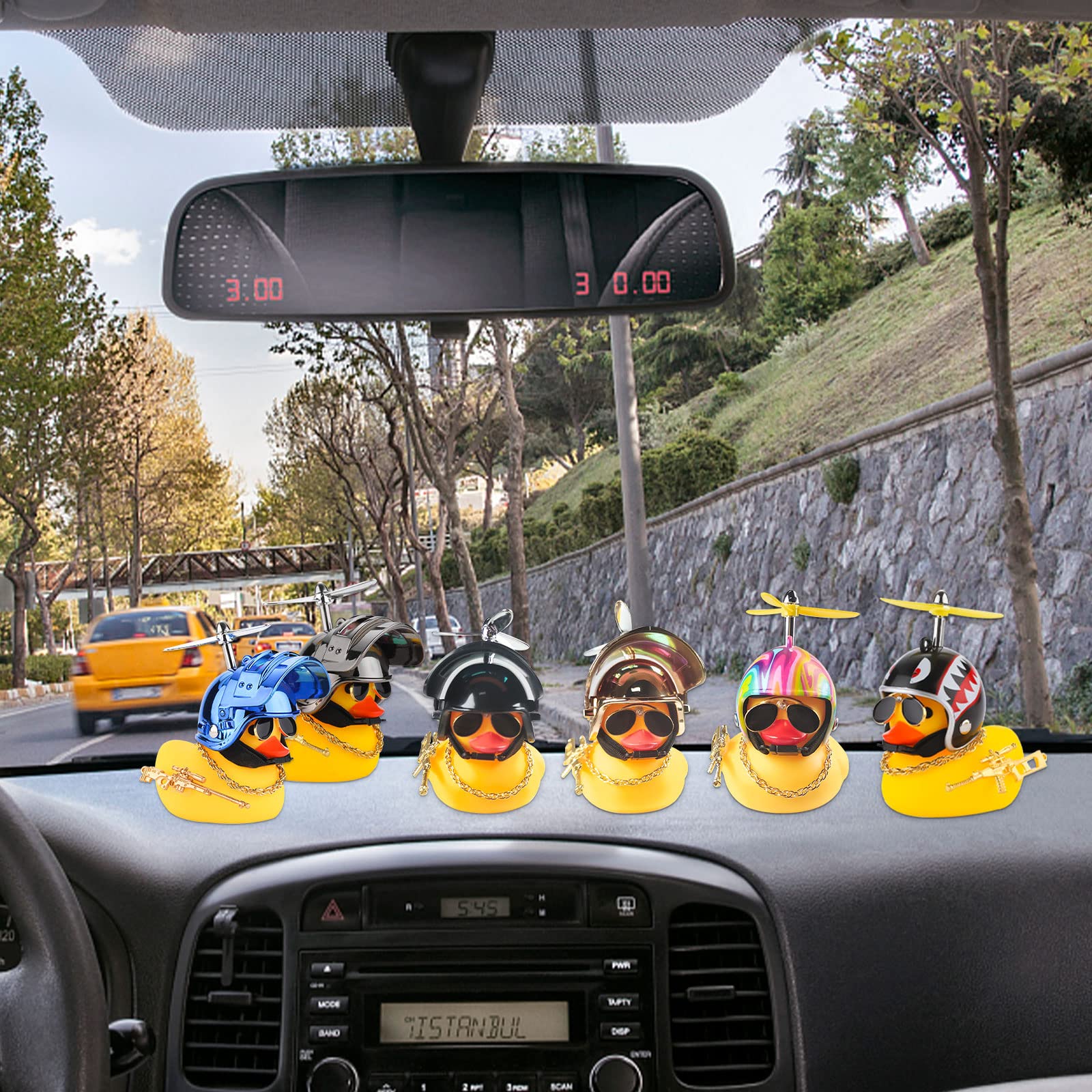U-Goforst Cute Rubber Duck Toy Car Ornaments Yellow Duck Car Dashboard Decorations Bike Gadgets with Propeller Helmet (Golden)