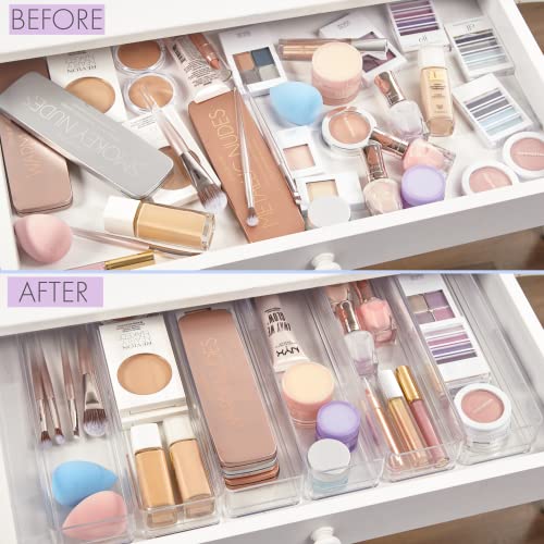 STORi SimpleSort 6-Piece Stackable Clear Drawer Organizer Set | 12" x 3" x 2" Rectangle Trays | Narrow Makeup Vanity Storage Bins and Office Desk Drawer Dividers | Made in USA