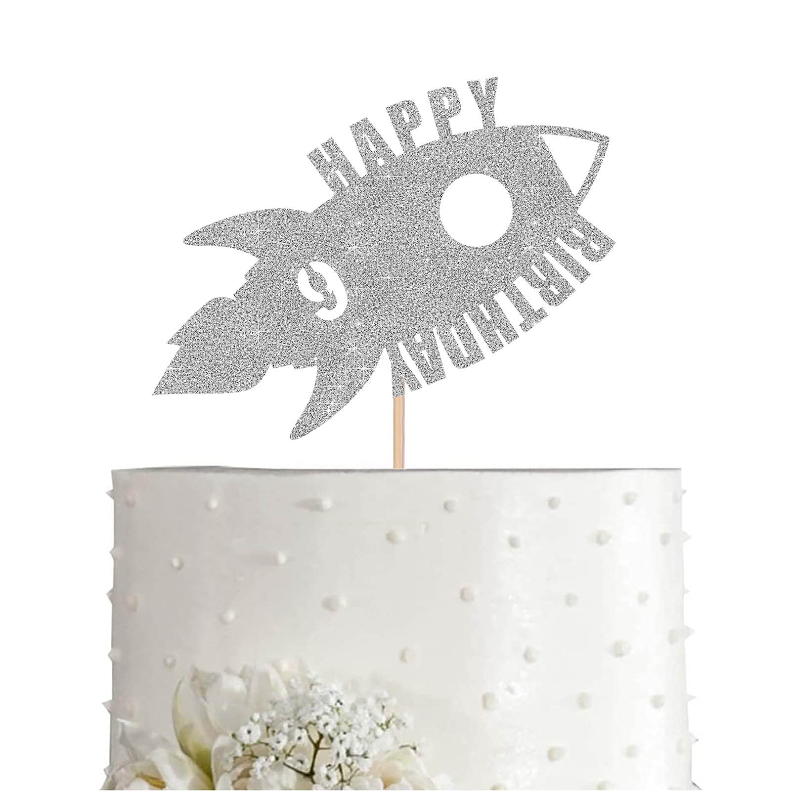 Silver Rocket 9th Birthday Cake Topper, Glitter Boy Girl Space 9 Years Birthday Party Decoration