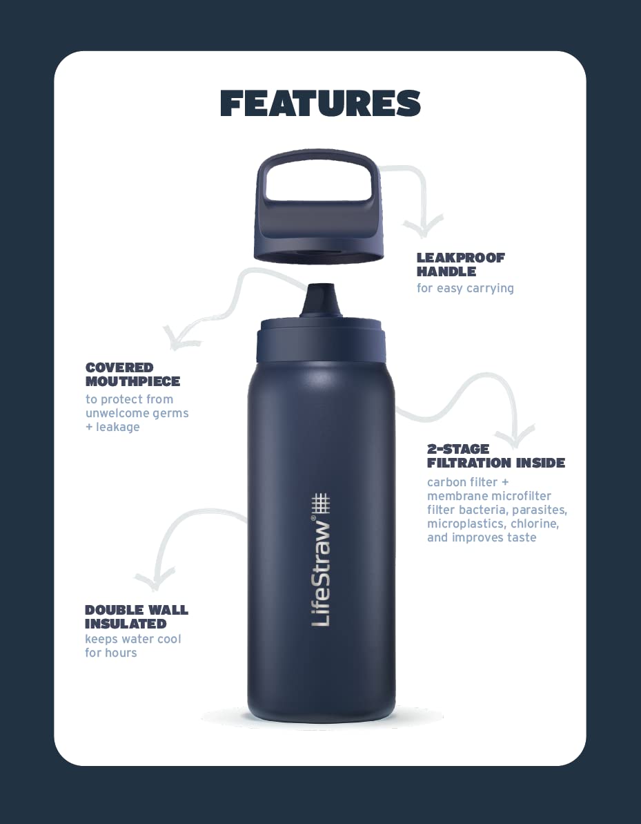 LifeStraw Go Series — Insulated Stainless Steel Water Filter Bottle for Travel and Everyday Use Removes Bacteria, Parasites and Microplastics, Improves Taste, 24oz Aegean Sea