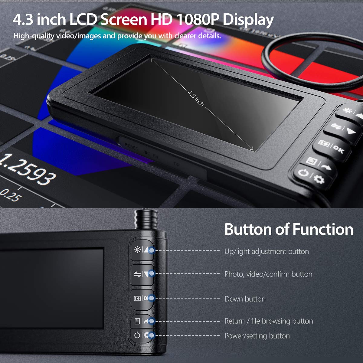 Dual Lens Endoscope,YINAMA 1080P Industrial Borescope 16.4FT Inspection Snake Camera with 32GB Card,Waterproof Semi-Rigid Cable,4.3 Inches Display Screen,6 LED Lights