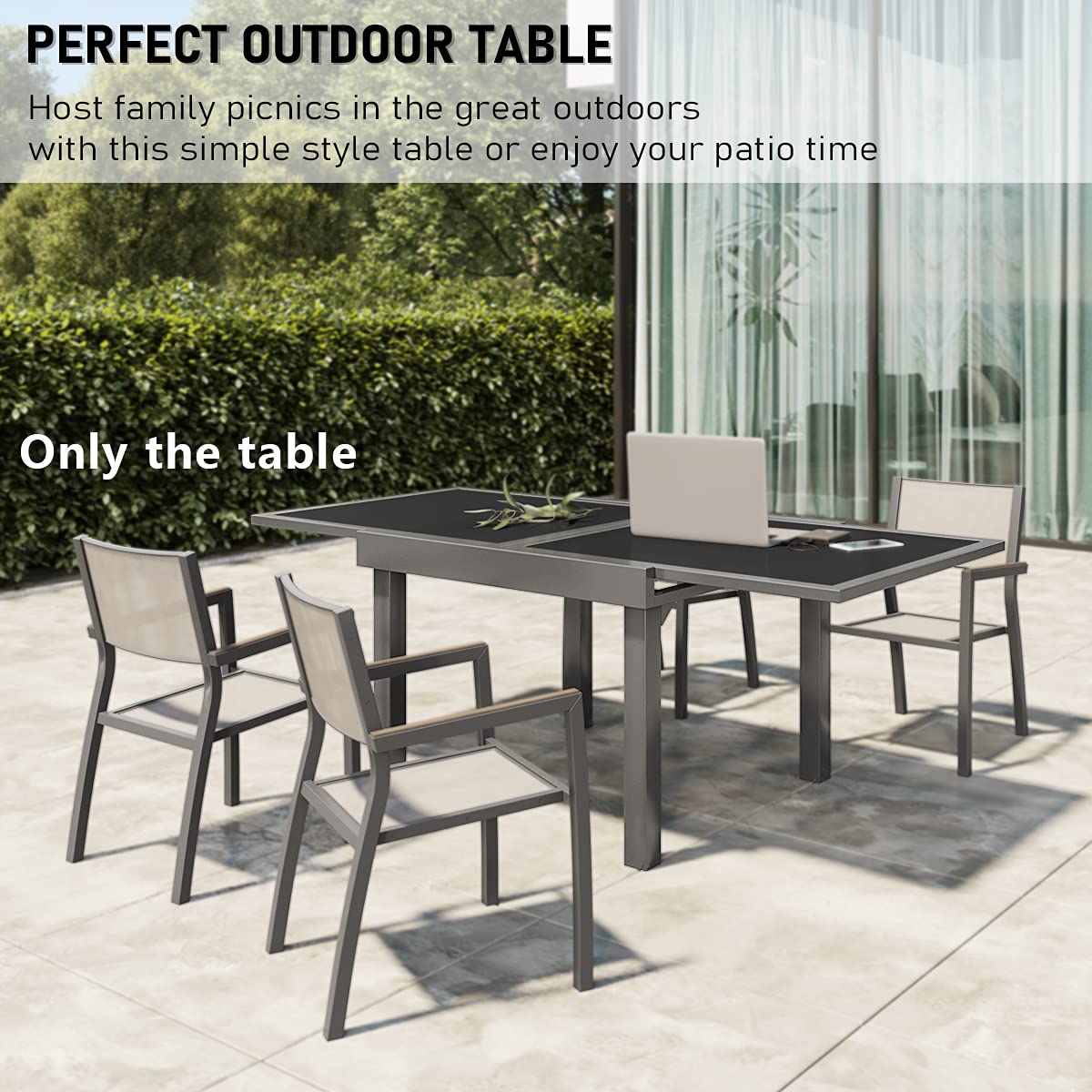 VredHom Patio Aluminum Top Dining Table,53"- 106" Outdoor Extendable Dining Table Backyard Bistro Rectangle Table Outdoor Furniture Garden Adjustable Table (Black)