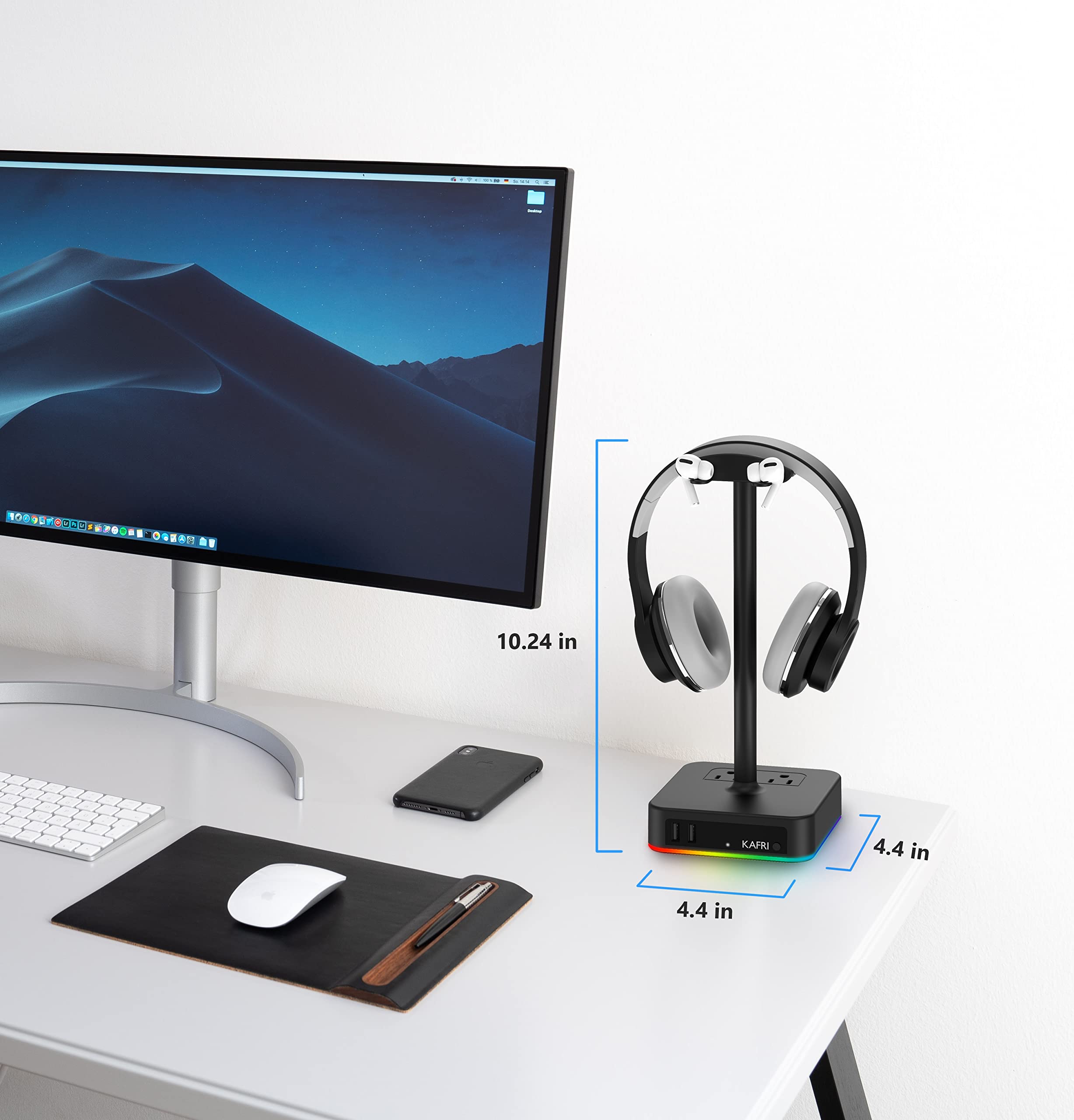KAFRI RGB Headphone Stand with USB Charger Desk Gaming Headset Holder Hanger Rack with 2 USB Charging Ports and 2 Outlet - Suitable for Gamer Desktop Table Game Earphone Accessories Boyfriend Gift
