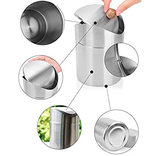 Sundarling Stainless Steel Mini Countertop Trash Bin 1.5L Car Dust Bin Swing Lid Kitchen Worktop Trash can (Red)
