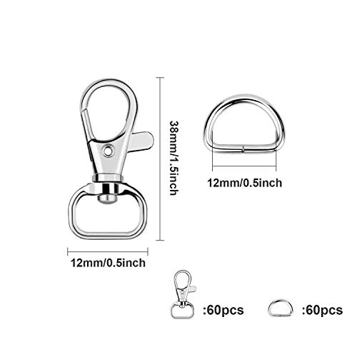 SANNIX 120 Pcs Keychain Clip Hooks with D Ring Include 60Pcs Swivel Snap Hooks Lanyard Clip and 60Pcs D Ring for Purse Hardware Sewing Projects (1/2β Inside Width)