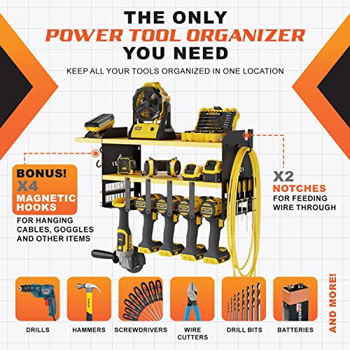 SPAZI Power Tool Organizer Wall Mount (25.5'' Lx9'' Wx12'' H) Storage Rack with Drill Holder, Tray, & 4 Magnetic Hooks - Steel Cordless -Garage w/ 2 Shelves, Black Yellow