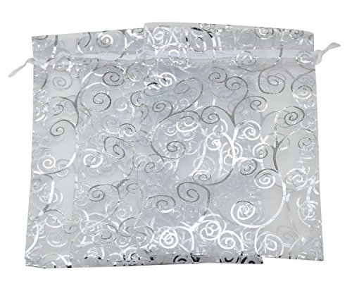 SUNGULF 100pcs Organza Pouch Bag Drawstring 4x6 10x15cm Strong Gift Candy Bag Jewelry Party Wedding Favor (White with Silver)
