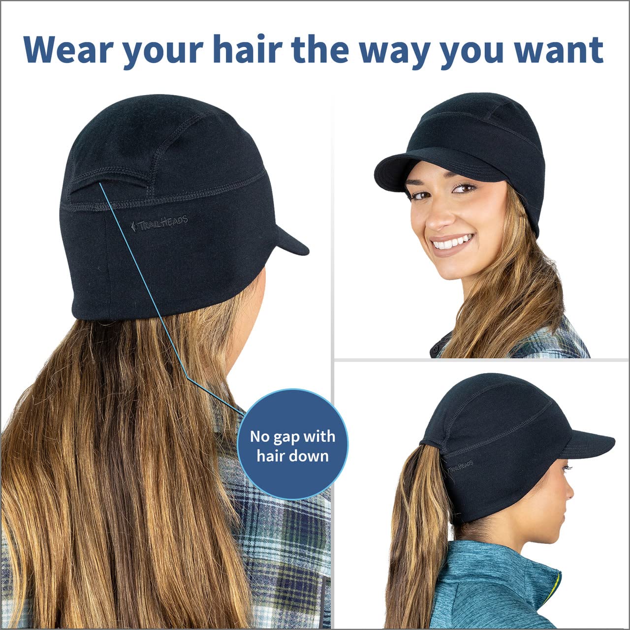 TrailHeads Women’s Ponytail Hat | Merino Wool Hat | Visor Hat | Lightweight Runner’s Hat - Black