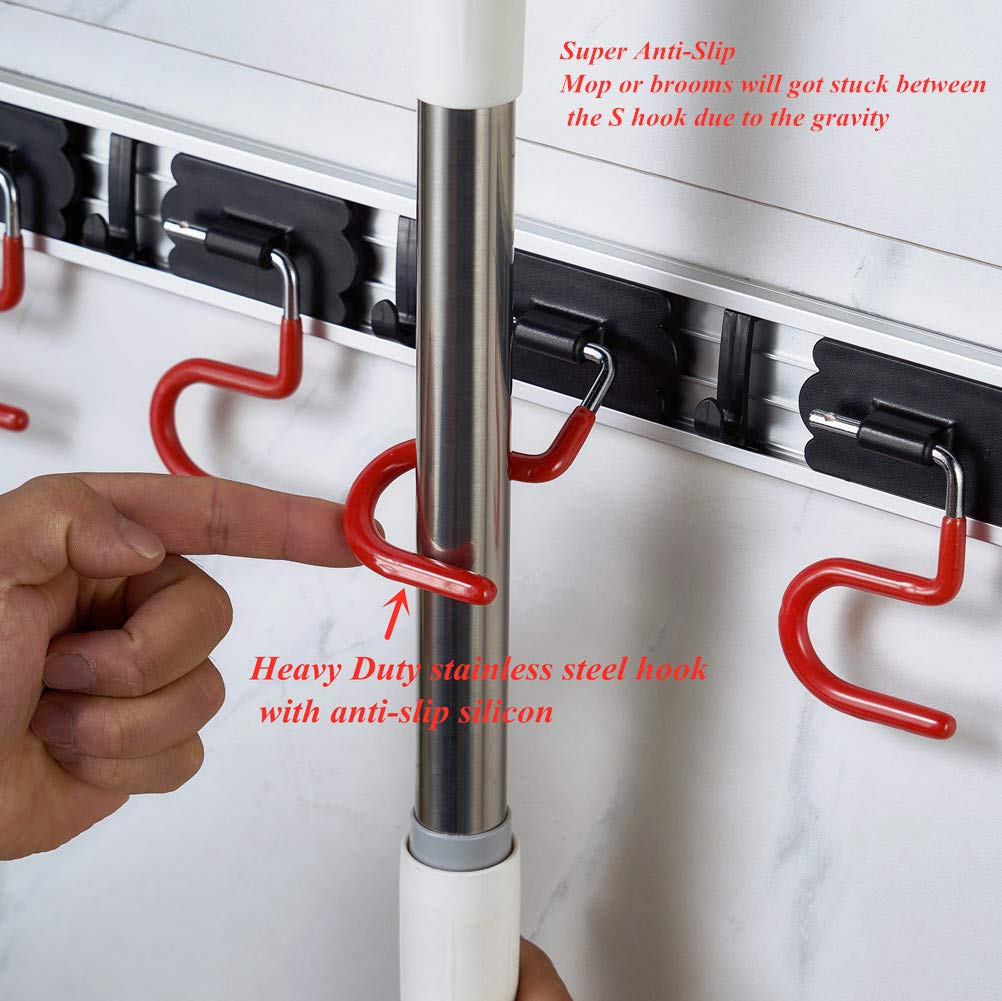QBOSO Wall Mounted Mop and Broom Holder Stainless Steel S Type Broom Rack Anti-Slip Mop Organizer (17 Inches ,4 Positions 3 Hooks , Red black)