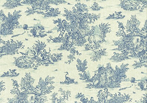 Mini Toile de Jouy Fabric (La Vie Rustique) - Oxford Blue on a Soft, Linen-Look Base Cloth | 100% Cotton Designer Print | 61 inches Wide | Per Yard Length Increment*