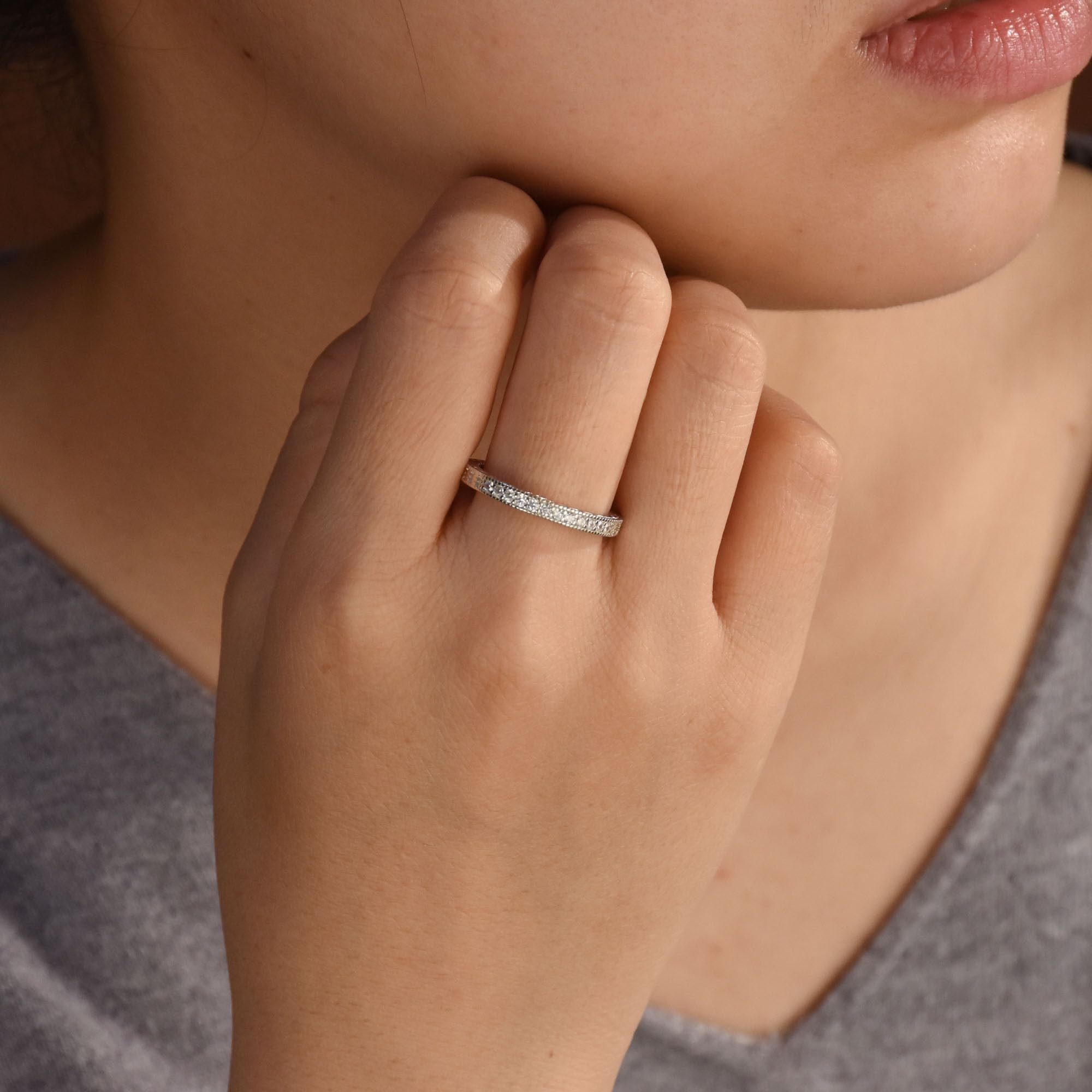 Bling Jewelry Pave AAA CZ Cubic Zirconia Thin Anniversary Wedding Band Ring For Women Etched Milgrain .925 Sterling Silver