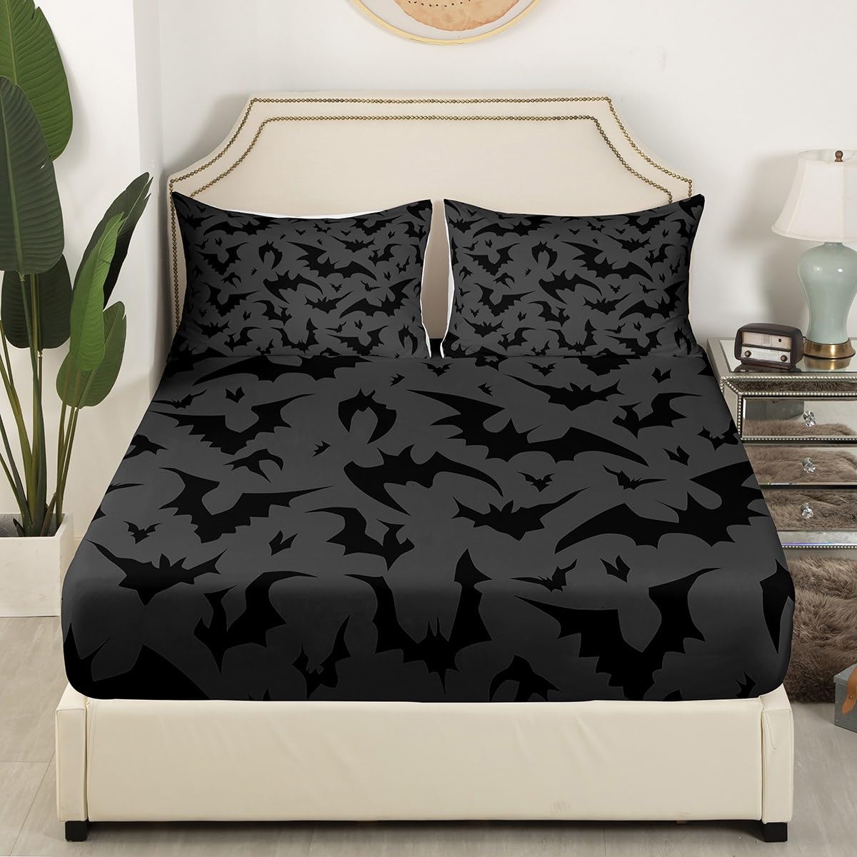 Homewish Bats Pattern Bed Sheet Set Kids Night Sheets Set 4pc Bats Microfiber Soft Bedding Set,1 Flat Sheet,1 Deep Pocket Fitted Sheet,2 Pillow Cases(King Size)