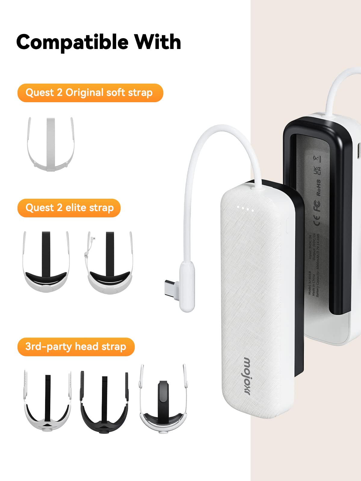 MOJOXR 4000mAh Battery Pack Accessories Compatible with Quest 2, Rechargeable Power Bank Extended 2hrs Extra Playtime, Fit for The Quest 2 Soft&Elite Strap and Most 3rd-Party Head Strap