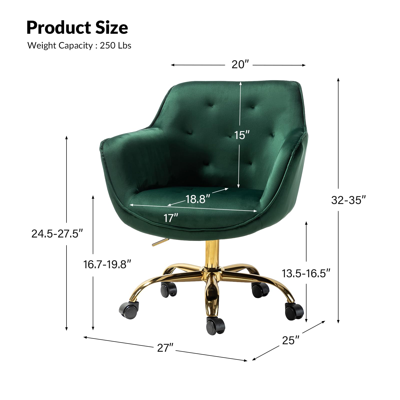 HULALA HOME Velvet Office Chair with Gold Base, Modern Cute Mid-Back Desk Chair, Adjustable Swivel Computer Task Chair for Living Room, Bedroom, Study, Vanity, Green
