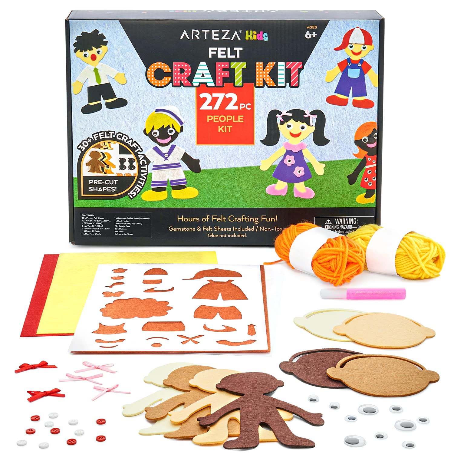 Arteza Kids Felt Kit, 272 Pieces, 30 Pre-Cut Puppet & People Shapes, 10 Felt Sheets, 3 Stencil Sheets, and Accessories, Educational Kids’ Craft Supplies to Inspire Creativity