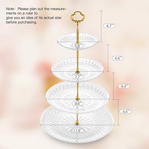 NWK 3/4-Tier Cupcake Stand with Crystal-Clear Plastic Plates and Metal Struts Dessert Stable Tower Display Rack Serving Tray for Wedding Birthday Bridal Shower Autumn NYE Tea Party (Gold)
