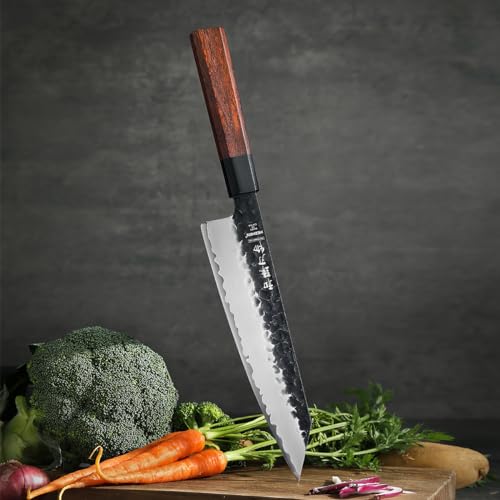 HEZHEN- 8.5” Chef Knife, 3 Layers High Carbon Clad Steel Kiritsuke Knife, Composite Forging Steel, Professional Japanese Kitchen Knife, Redwood Octagonal Handle With Wooden Knife Sheath