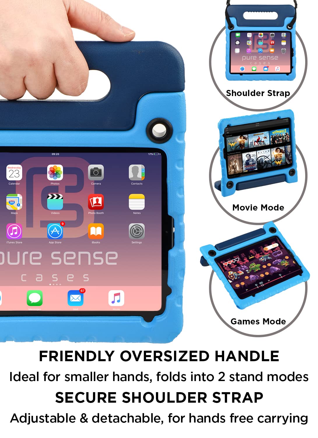 Pure Sense Buddy Antimicrobial Kids Case for iPad Pro 12.9-1st 2nd Gen 2015 2017 | Full Kit: Rugged Case Stand, Handle, Screen Protector, Strap and Spray