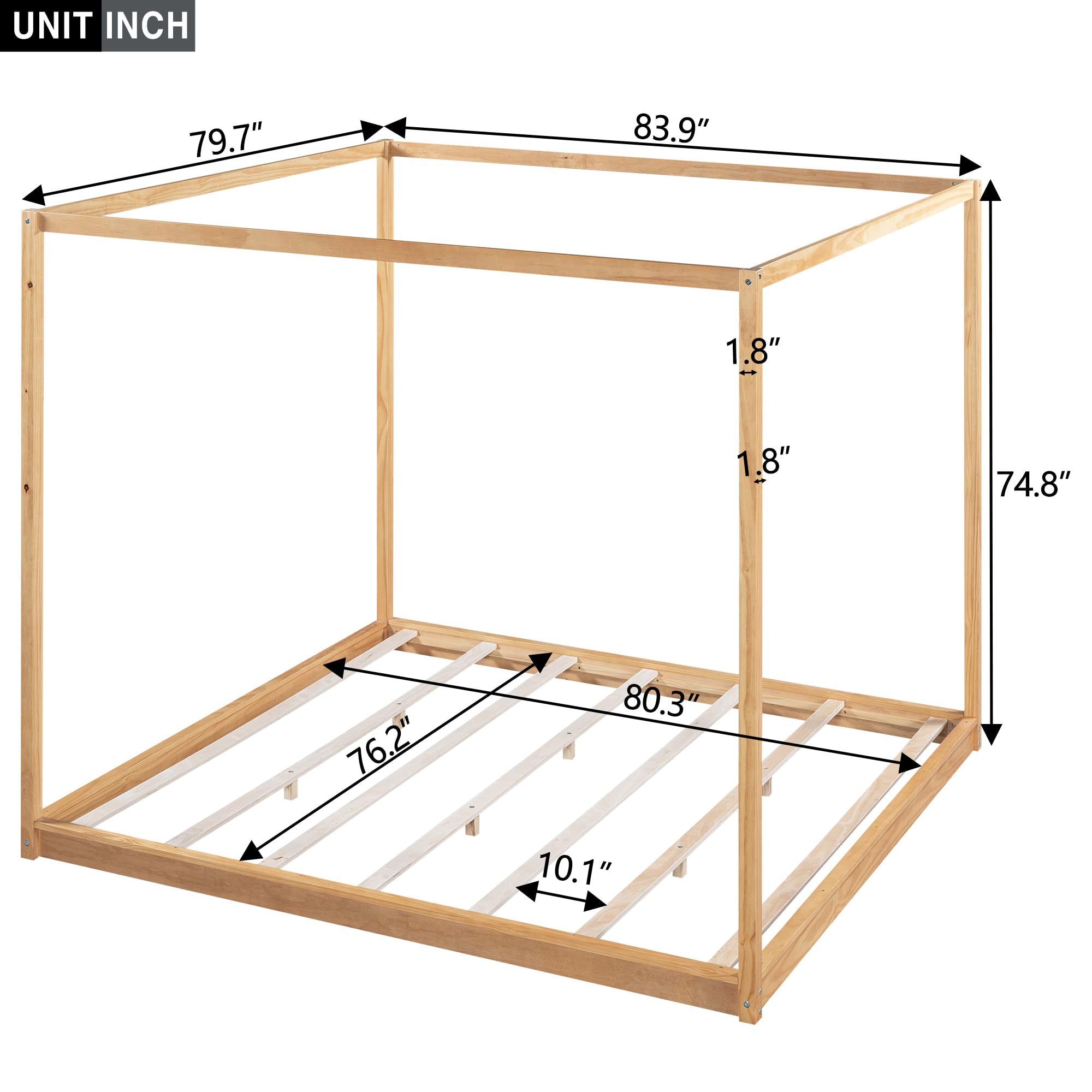 MWrouqfur 4-Poster King Size Canopy Floor Bed Frame, Morden Wood Low Profile Platform Beds with Wooden Slats Support, No Box Spring Needed (Natural)