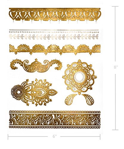Terra Tattoos Gold Metallic Temporary Tats Geometric Henna Designs Waterproof Nontoxic Long Lasting Perfect for Beach, Festivals, & more! (Maya)