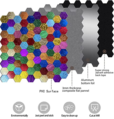 XUANINY Peel and Stick Backsplash Tiles, Rainbow Hexagon Aluminum Surface Metal Mosaic Sticker, Rainbow-Colored Wall Sticker for Living Room, RV,Bar (11.45"x11.02") (11, Hexagon Rainbow Colored)