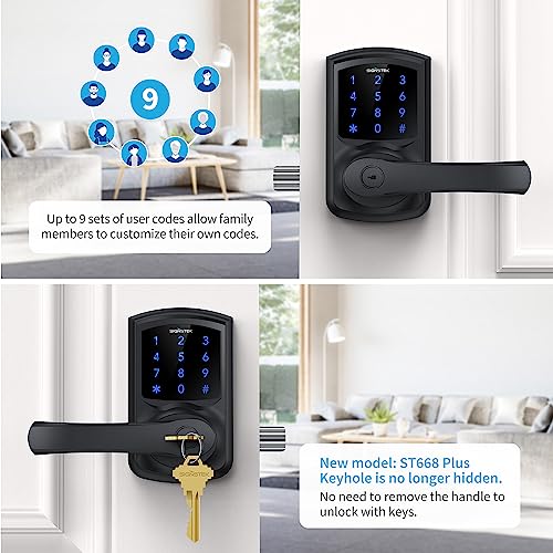 Signstek Keyless Entry Door Lock,Digital Smartcode Lock for Front Door,Keypad with Handle and Security Key,Touchscreen,Easy Installation, Matte Black