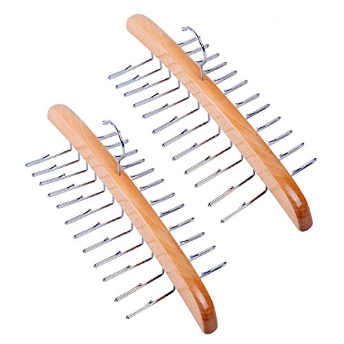 Tie Rack Hanger for Closet, Ohuhu Wooden Tie Organizer 360 Degree Rotating Tie Holder with 24 Folding Hooks, Tie and Belt Storage for Men Neckties Belts Scarves Tank Tops Accessories, 2 Pack