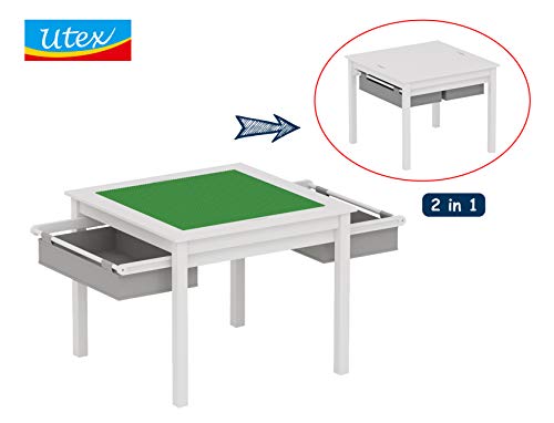 UTEX 2 in 1 Kids Construction Play Table with Storage Drawers and Built in Plate (White)