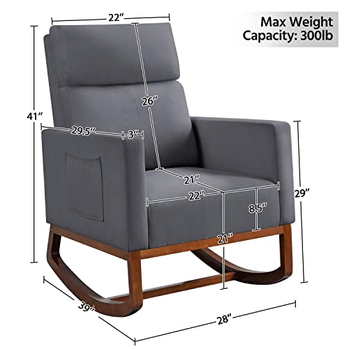 Yaheetech Rocking Chair Nursery Upholstered Glider Chair with Rubber Wood Legs Side Pocket, Rocking Accent Armchair for Living Room, Gray