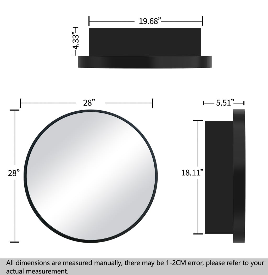 HESONTH 28 x 28 Inch Round Medicine Cabinet Circular Bathroom Mirror Cabinet | Wall Surface Mounted Storage Cabinet | with Farmhouse Black Framed Mirrored Door