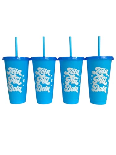 Sorority Shop Zeta Phi Beta Glitter Color Changing Cups - Pack of 4 Reusable Cups with Lids and Straws, Zeta Phi Beta Cup, Perfect Size 24 Oz Tumbler Cups, With Cool Retro Design Logo