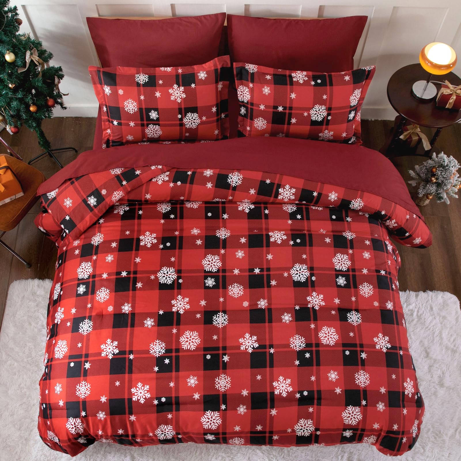 Christmas Duvet Cover Set Queen, Boho Red Teal Striped with Reindeer Cardinals Pattern Bedding Comforter Cover Set for Festive Bedroom Decor 3 Pieces Zipper Closure