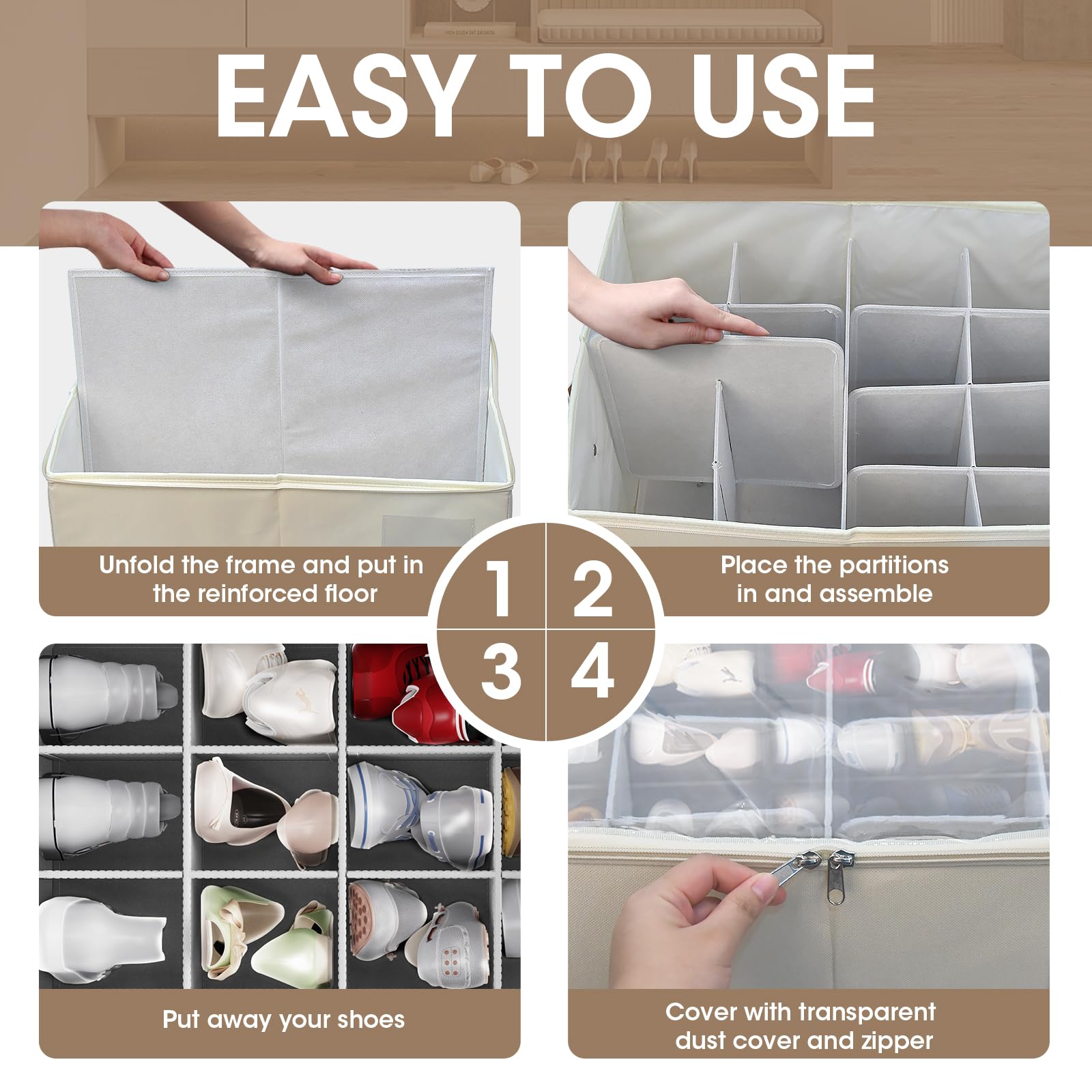 Gattlukd Shoe Organizer for Closet, Fits up to 16 Pairs, Large shoe box storage container with Clear Cover, Adjustable Dividers for Shoe Storage Bins, Space-Saving Shoe Rack, Gray