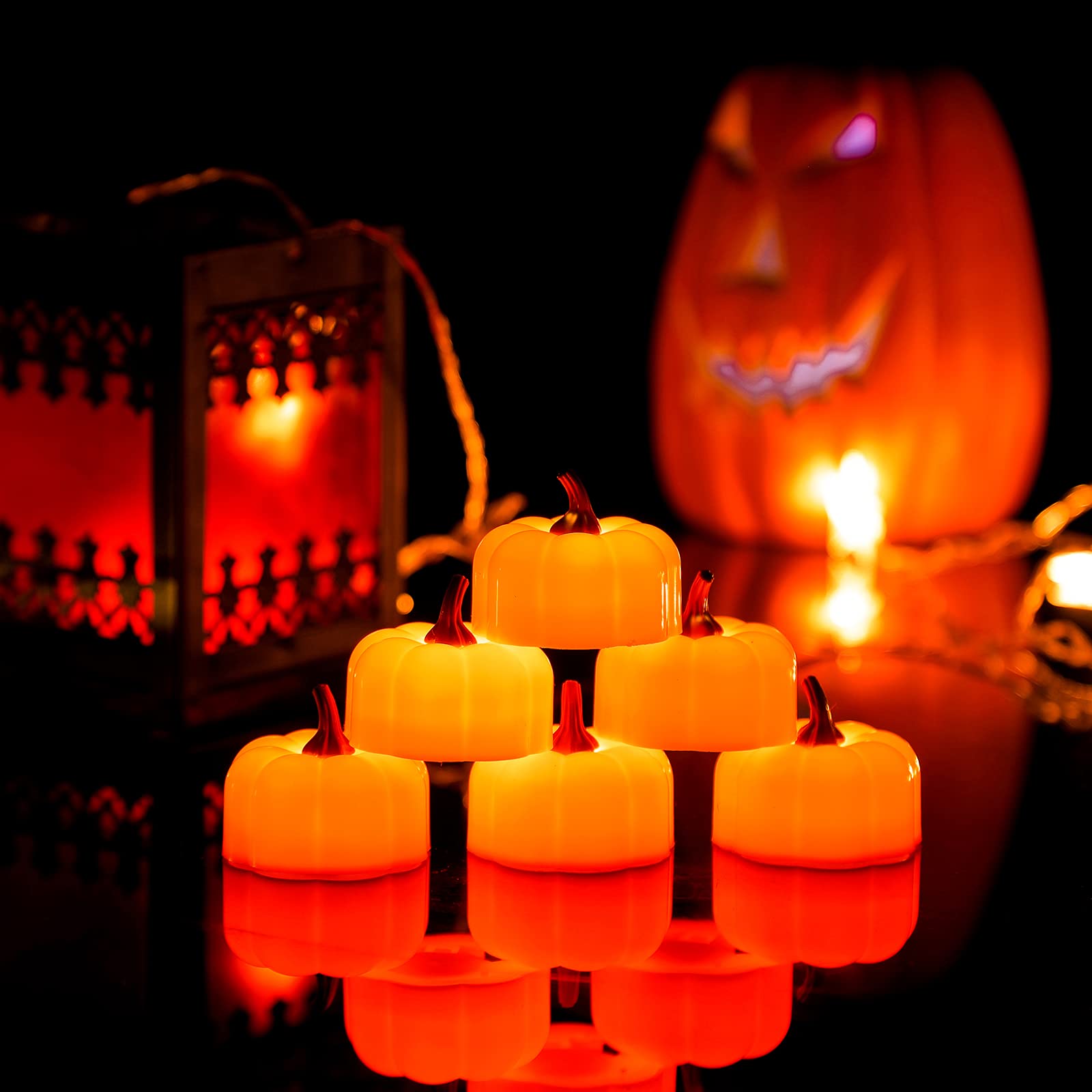 RSXCEOM 12 Pack LED Pumpkin Lights, Halloween Pumpkins Battery Operated, Pumpkin Tea Lights, Flameless Candles for Halloween Decoration, Party, Orange
