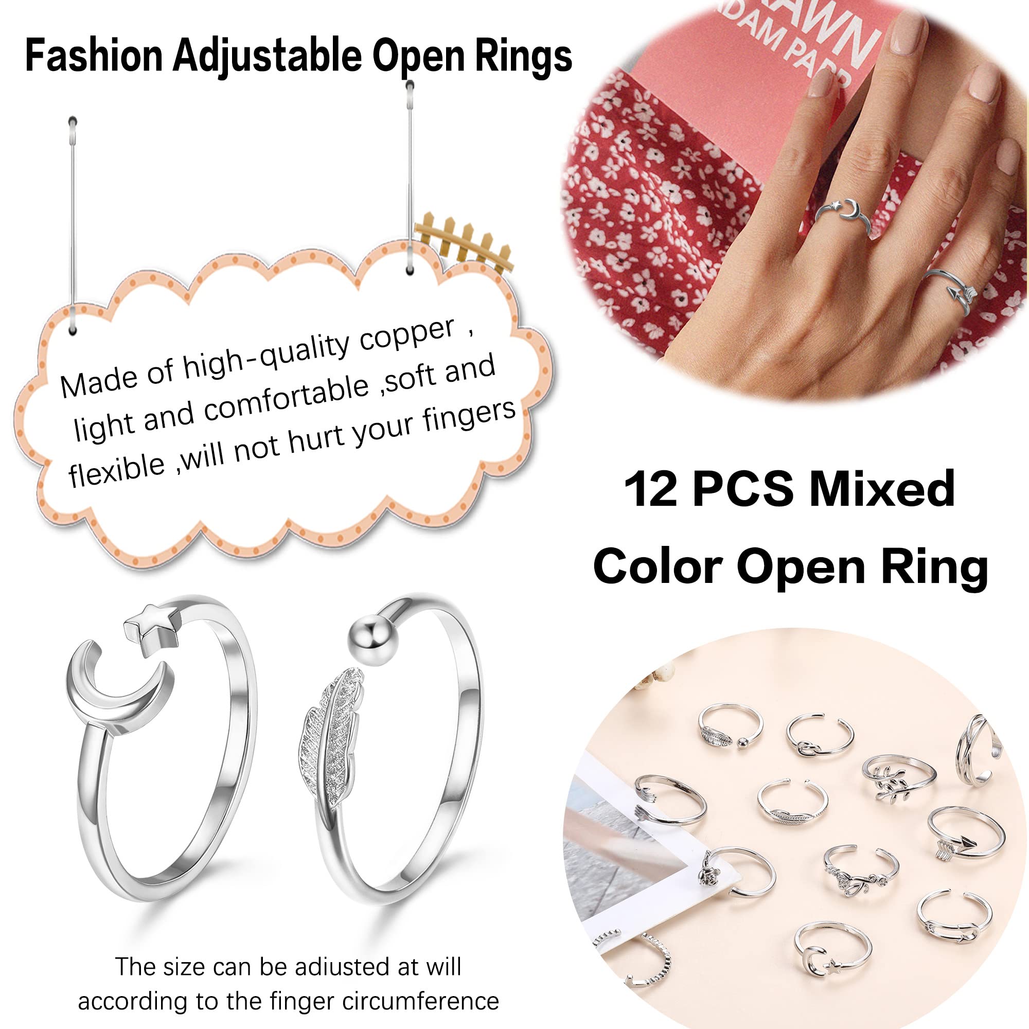 SAILIMUE 12 Pcs Knuckle Rings Toe Ring for Women Arrow Knot Feather Hug Stackable Open Rings Set Thumb Adjustable Rings for Teen